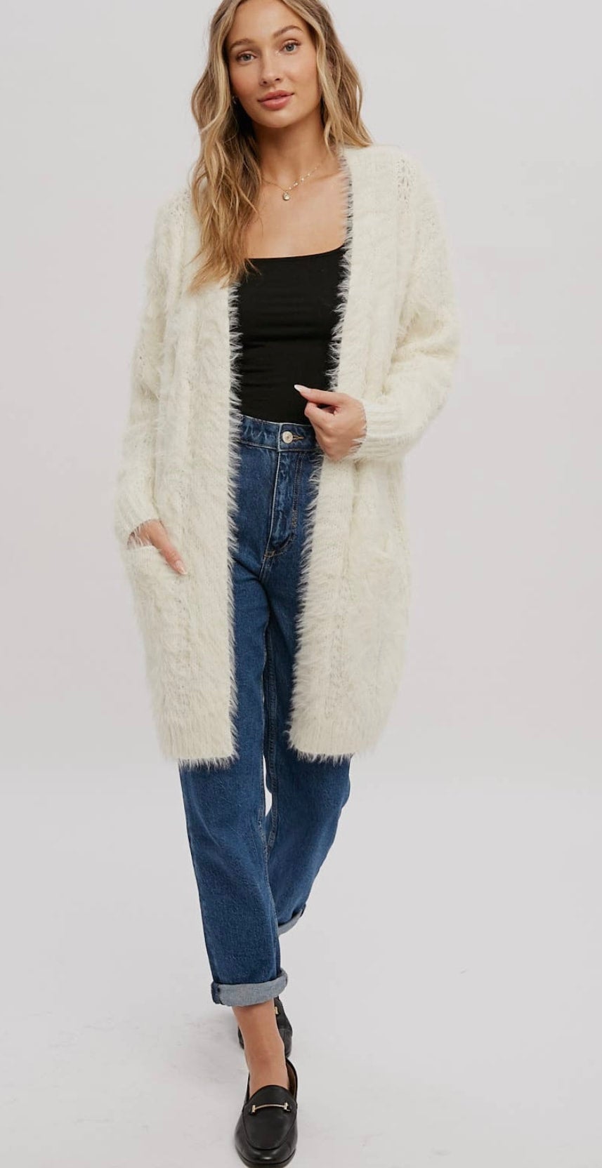 WHITE FUZZY CABLE CARDIGAN | Cactus Annie's LLC